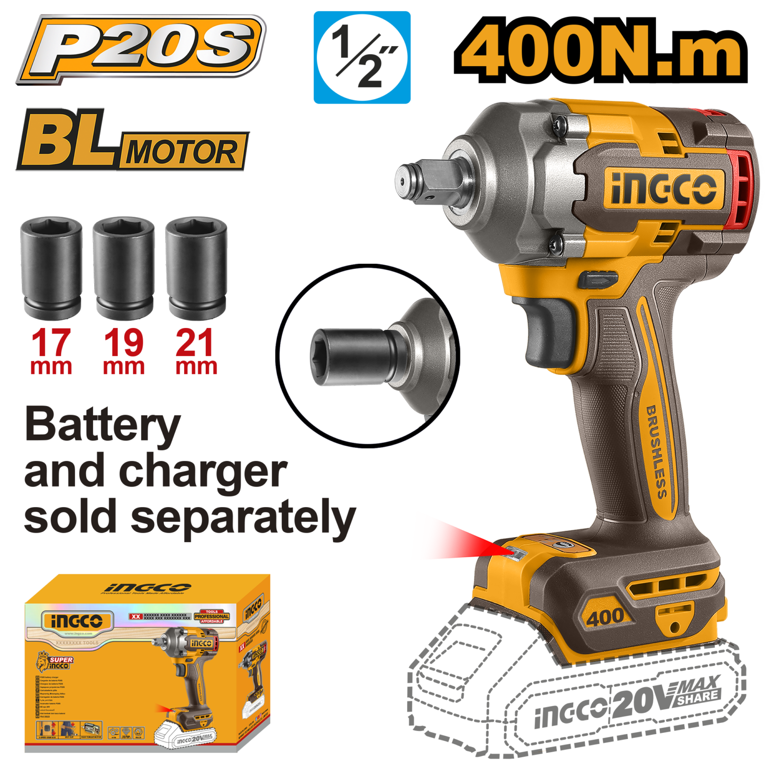 INGCO 400nm Cordless Impact Wrench without Battery and Charger ...